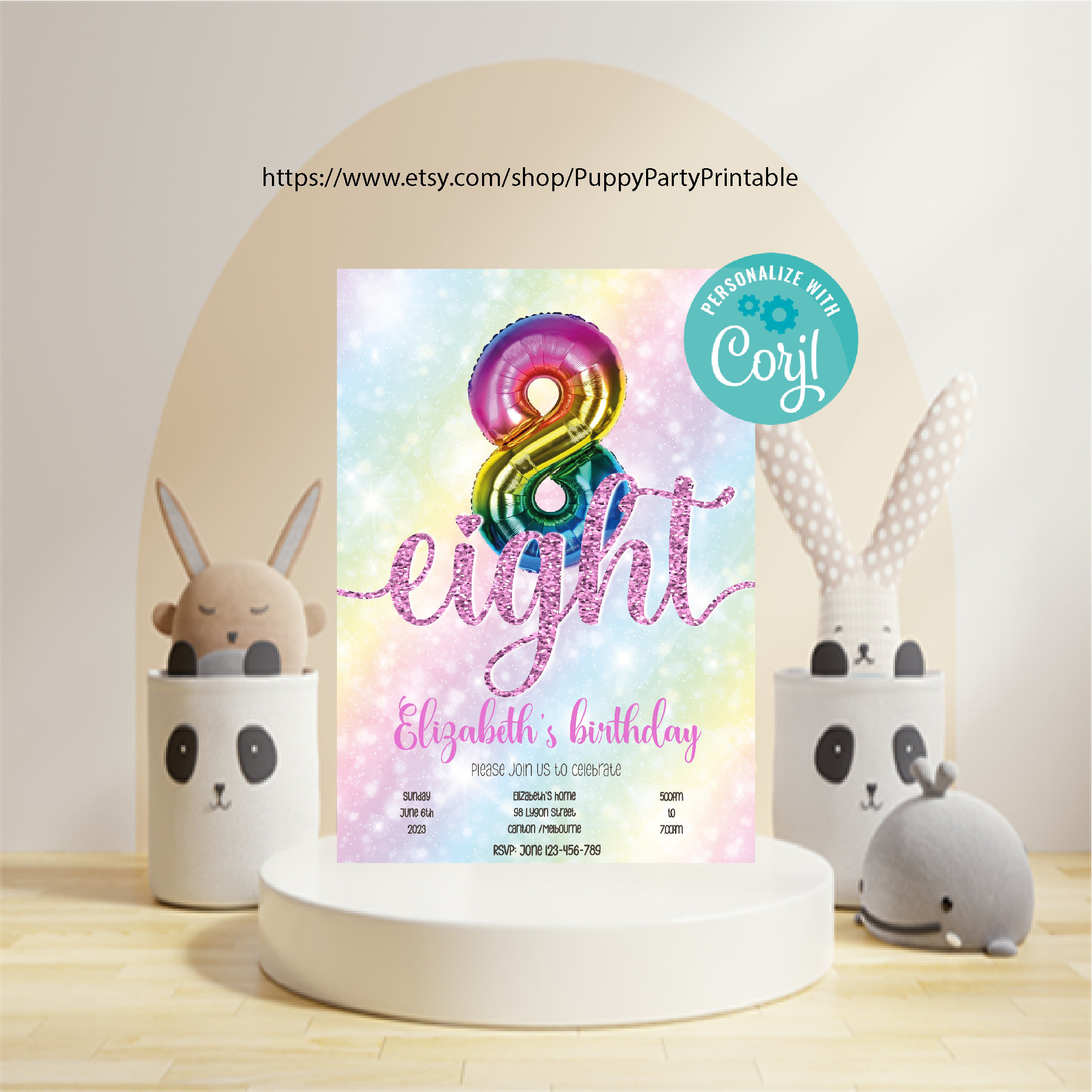 Editable 8th Birthday Invitation Glitter Birthday Party Invite Rainbow ...