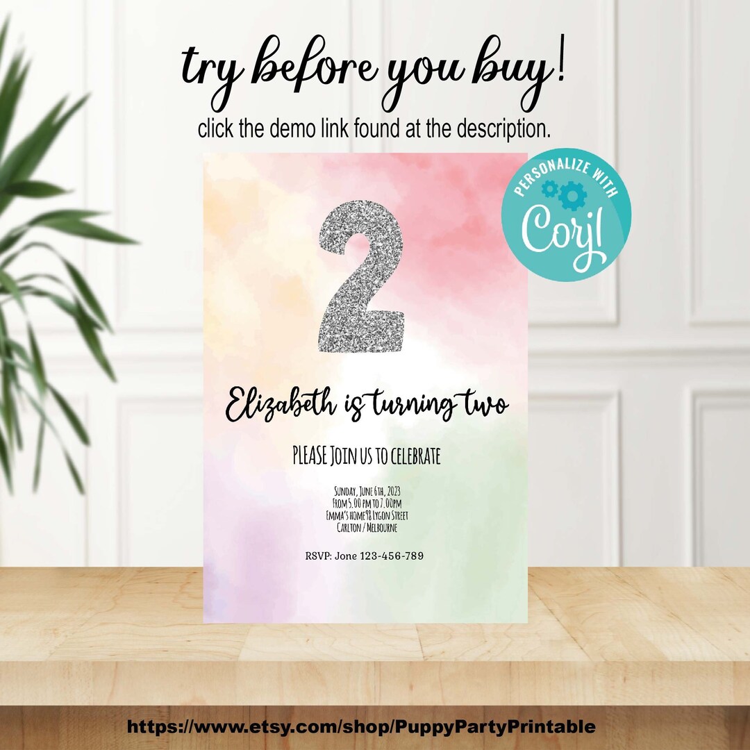 EDITABLE 2th Rainbow Birthday Invitation, Two Invitation Template ...