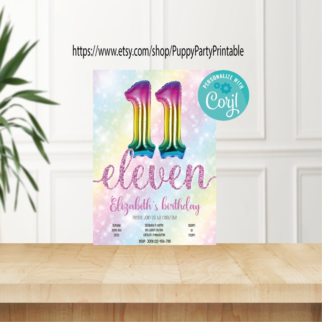 Editable 11th Birthday Invitation Glitter Birthday Party Invite Rainbow