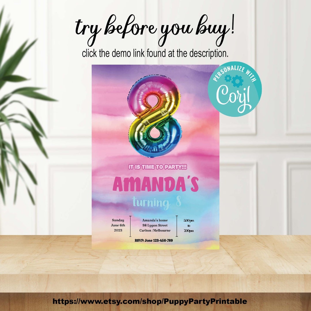 8th Birthday Invitation Balloons Birthday Invite Instant - Etsy