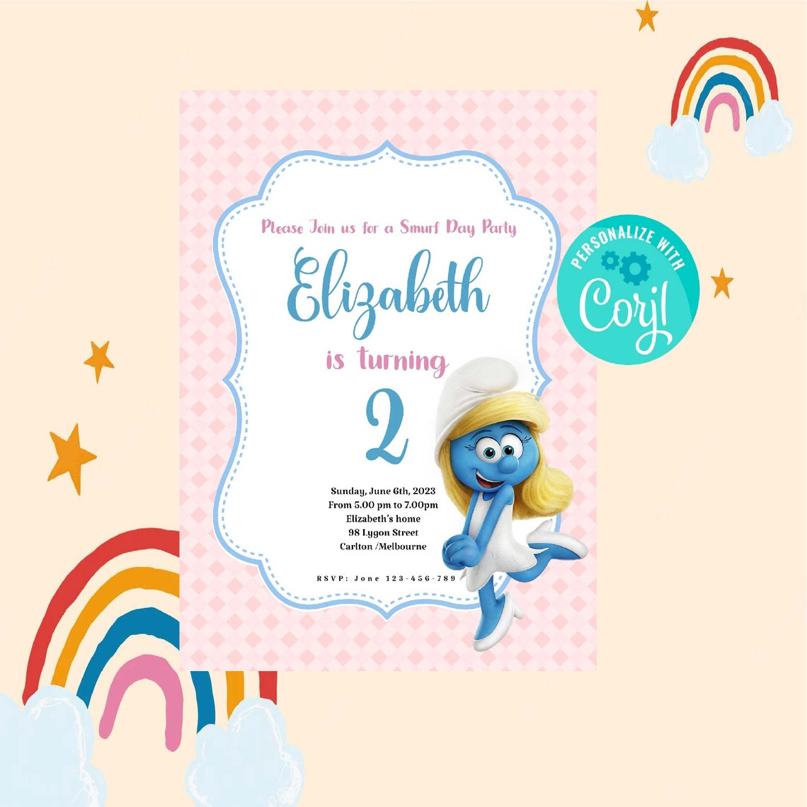 Smurf Birthday Invitation , Smurfette Instant Download Editable ...