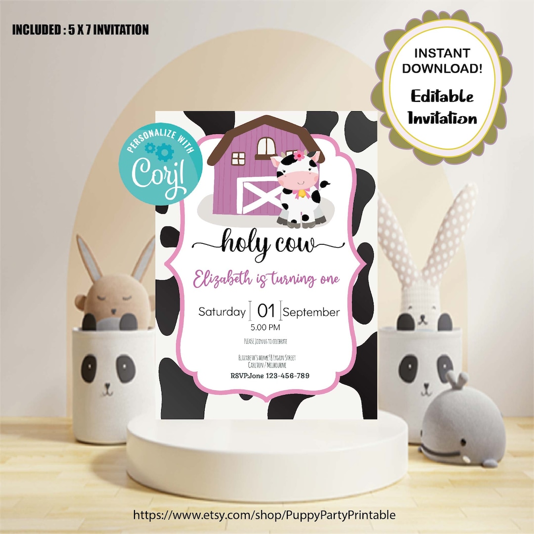 Editable Cow Theme Birthday Party Invitation, Holy Cow Invite, Farm Cow ...