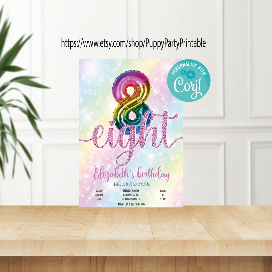 Editable 8th Birthday Invitation Glitter Birthday Party Invite Rainbow ...