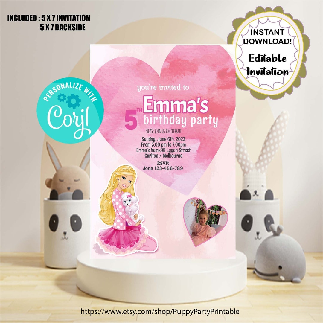 Pink Doll Birthday Invitation, Photo Invitation Template, Instant ...
