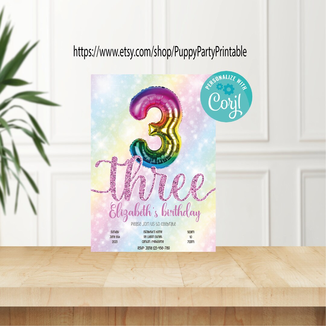 EDITABLE 3th Rainbow Birthday Invitation 3th Invitation - Etsy