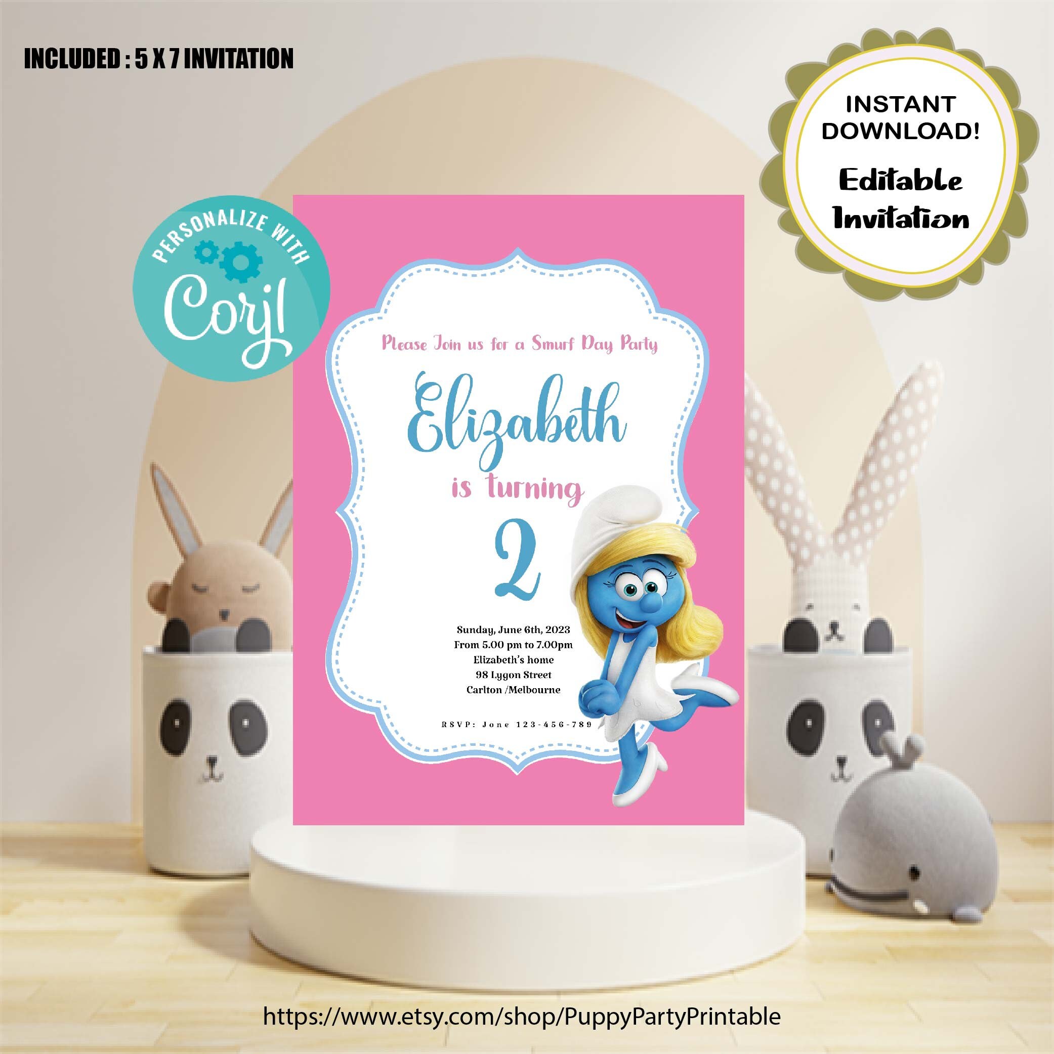Smurf Birthday Invitation , Smurfette Instant Download Editable ...
