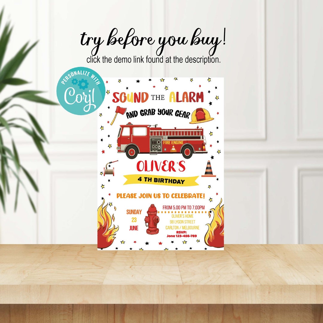 Editable Fireman Birthday Invitation, Fireman Invitation, Fire Truck ...