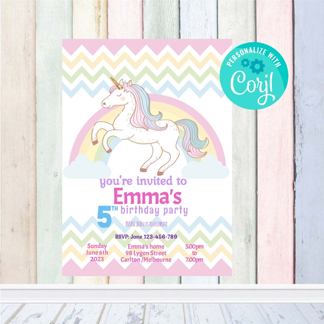 Editable Unicorn Rainbow Birthday Invitation, Rainbow Unicorn ...