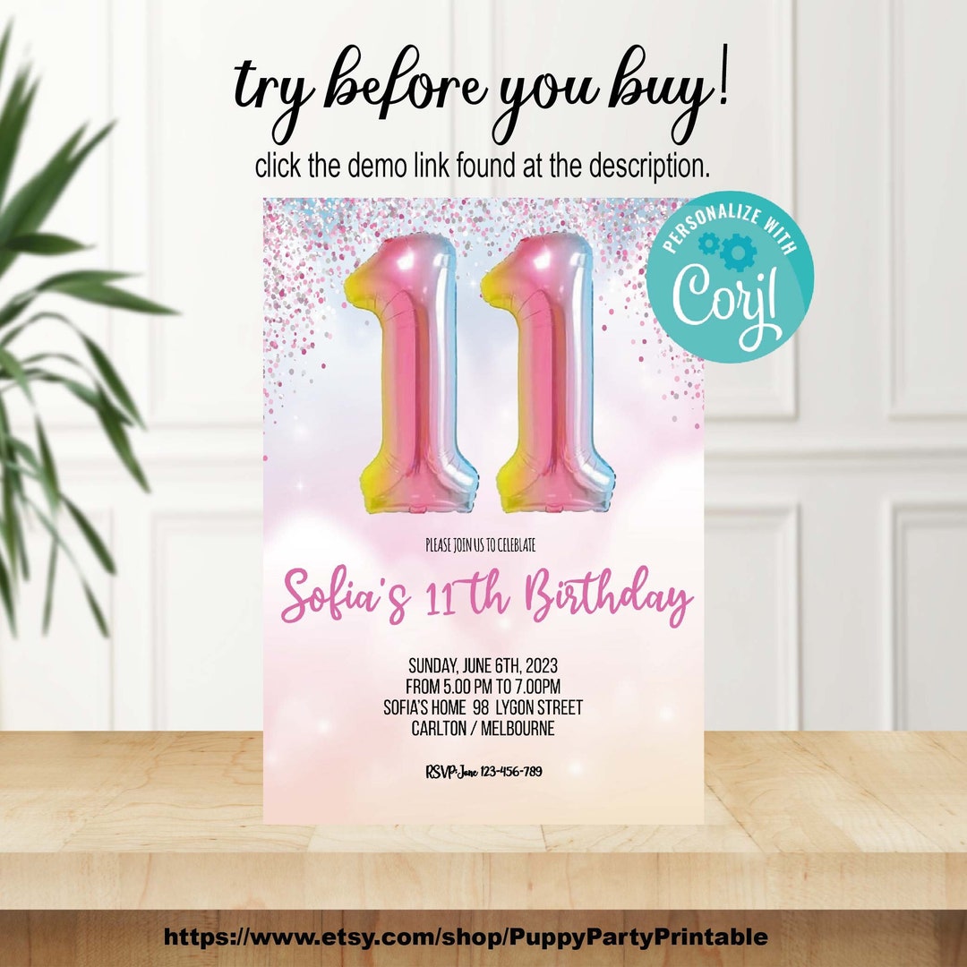 Editable 11th Birthday Invitation Glitter Birthday Party Invite Rainbow