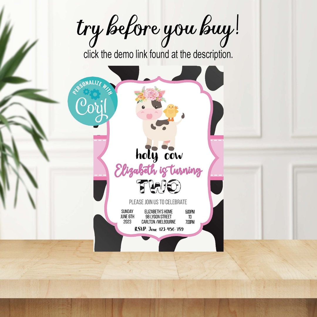 Editable Cow Theme Birthday Party Invitation, Holy Cow Invite, Farm Cow ...