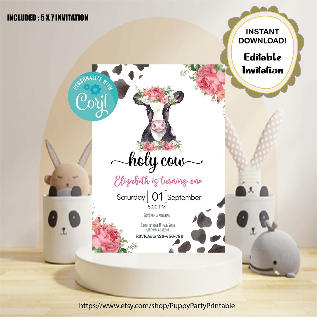 Editable Cow Theme Birthday Party Invitation, Holy Cow Invite, Farm Cow ...