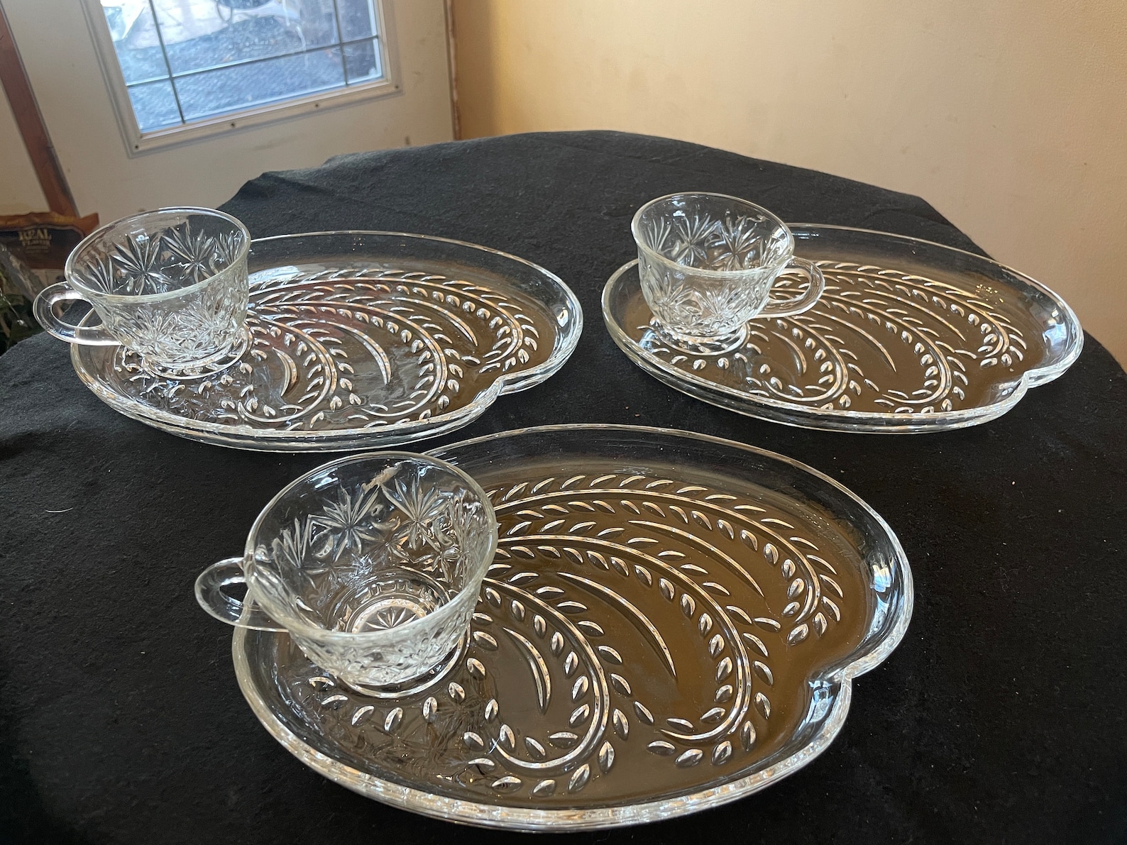 Charming Vintage MCM Clear Pressed Glass Snack Sets qty 3 Plate & Cup ...