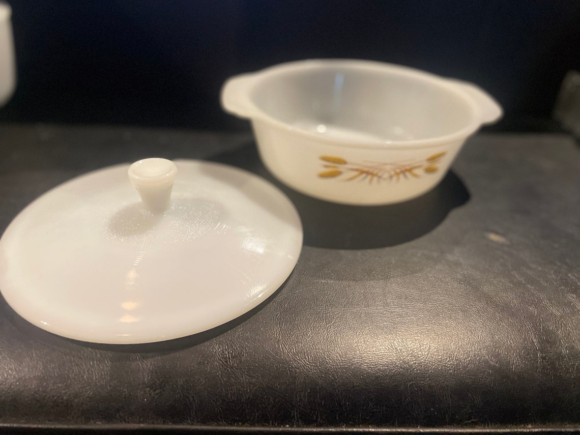 Vintage Fire-king Wheat by Anchor Hocking, #447 Round Milk Glass Golden ...