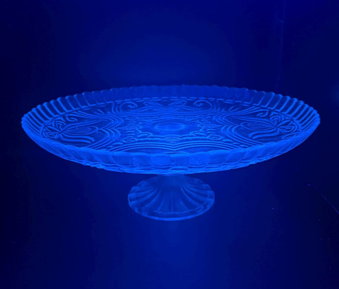 Blue Flashed Glass Pedestal Cake Stand 12” – Cerium UV Reactive 365nm ...
