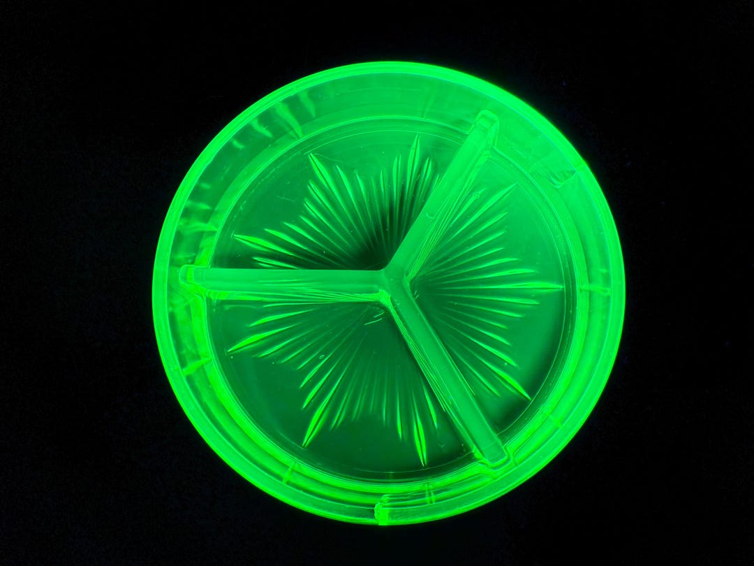 Vtg Vaseline / Yellow Uranium Glass Divided three Section Relish Dish ...
