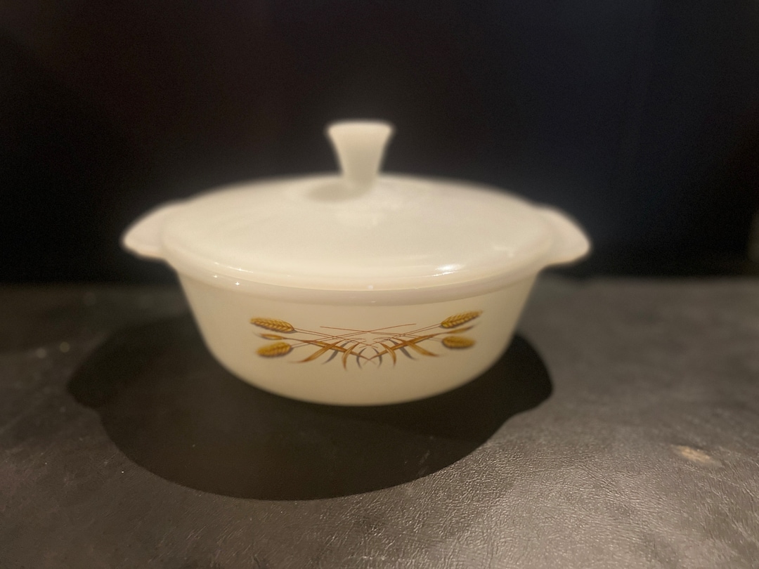 Vintage Fire-king Wheat by Anchor Hocking, #447 Round Milk Glass Golden ...