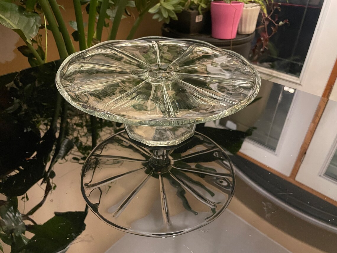 Vintage Pressed Glass Fluted Edge Paneled Clear Glass Pedestal Cake ...