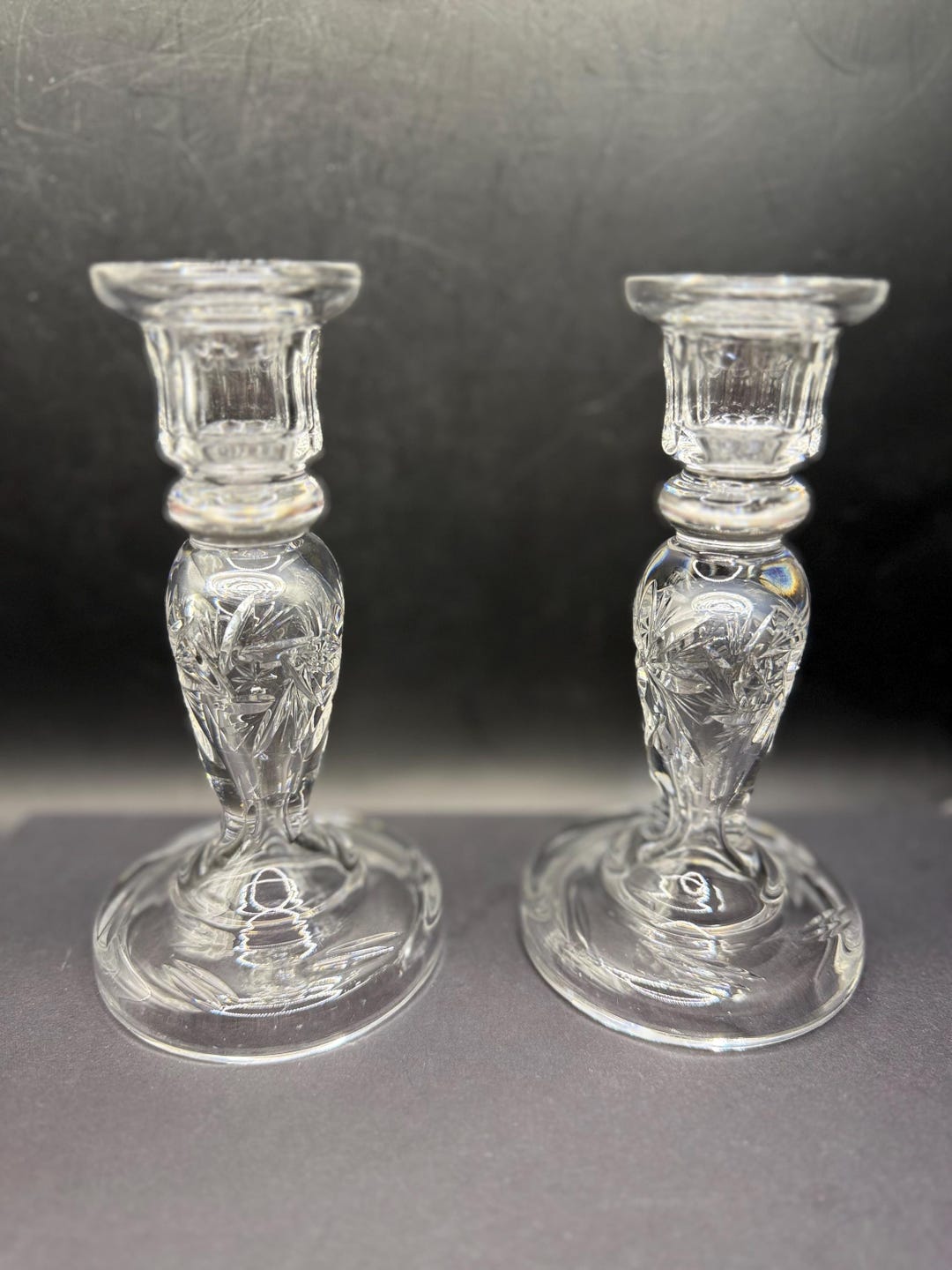Pair of Vintage Crystal / Clear Cut Glass Candlestick Holders – Wheel ...