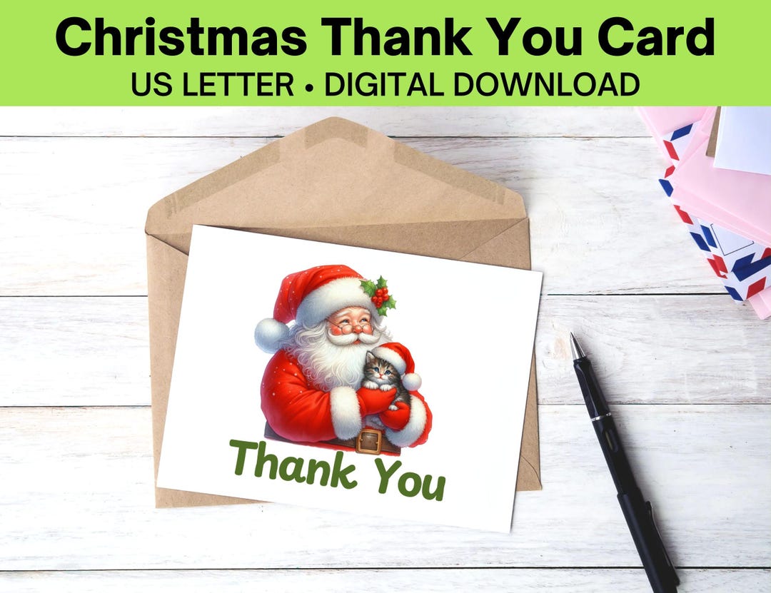 Printable Christmas Thank You Card Santa and a Kitten, PDF Christmas ...