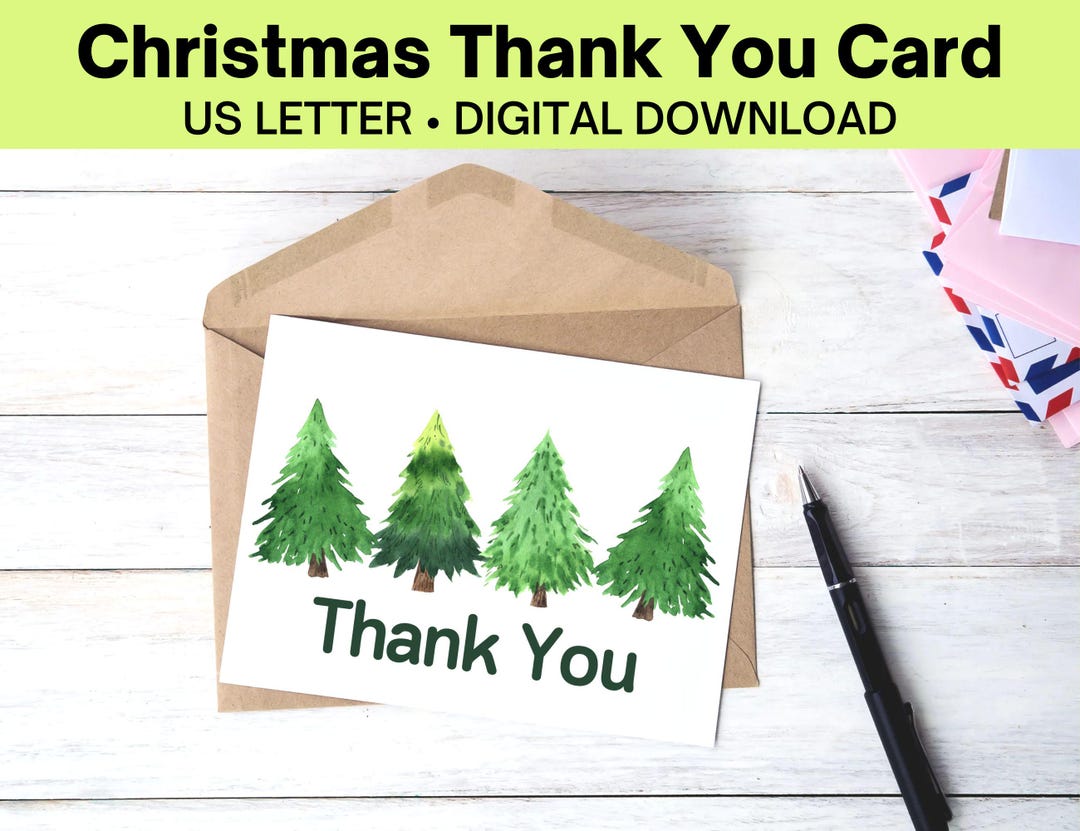 Printable Christmas Thank You Card With Evergreen Trees, PDF Christmas ...