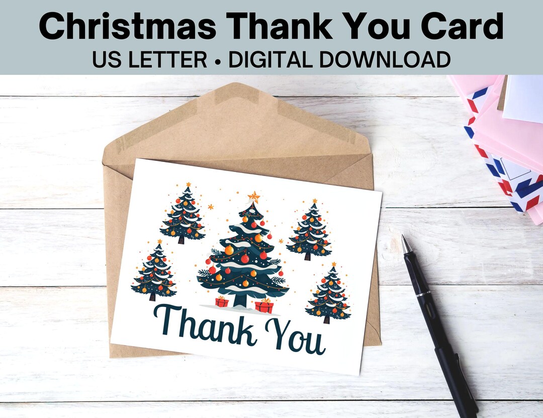 Printable Christmas Trees Thank You Card, PDF Christmas Notecard ...