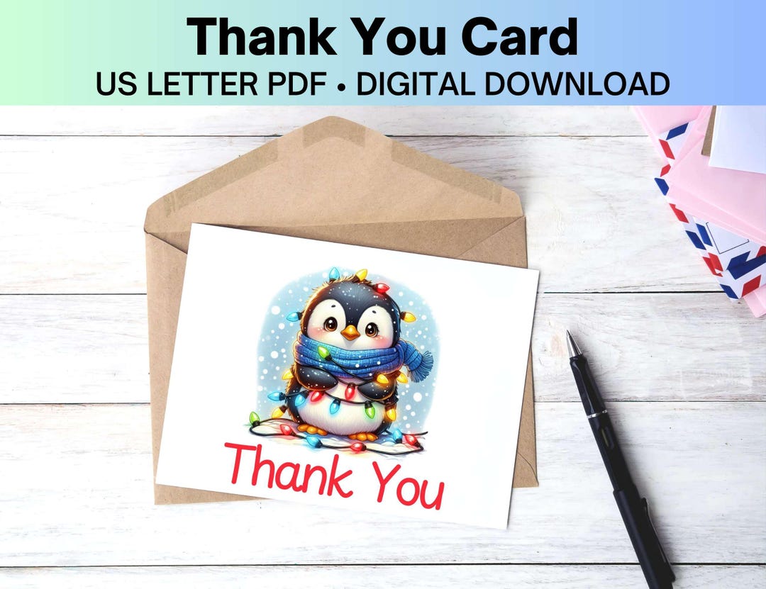 Printable Penguin Thank You Card, PDF Christmas Notecard, Christmas ...