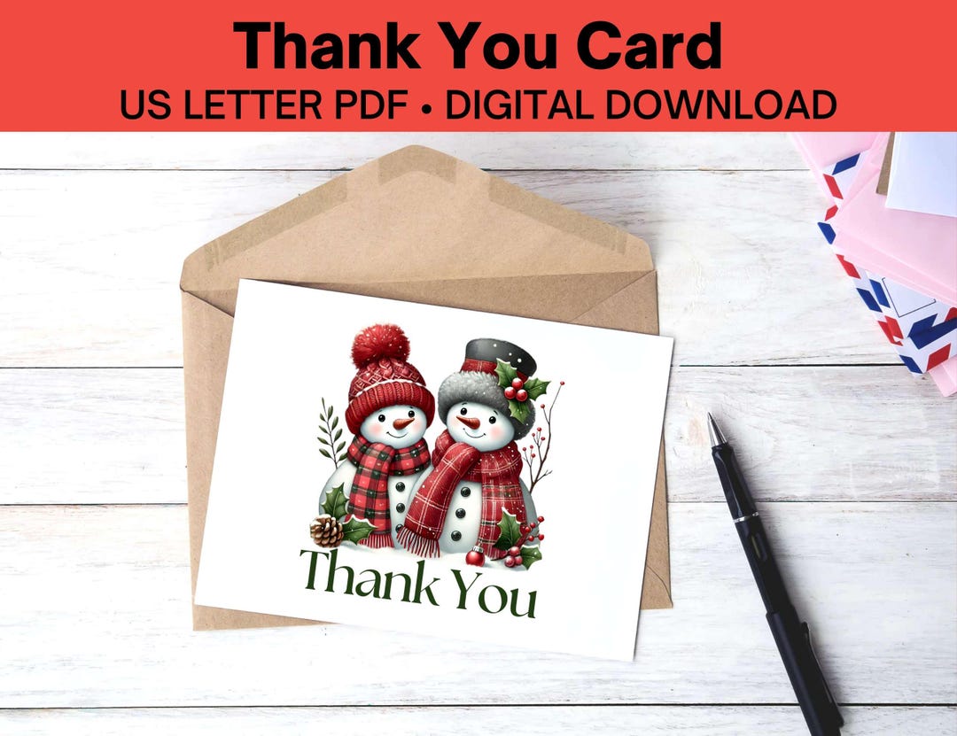 Snowman Printable Thank You Card, PDF Christmas Notecard, Christmas ...