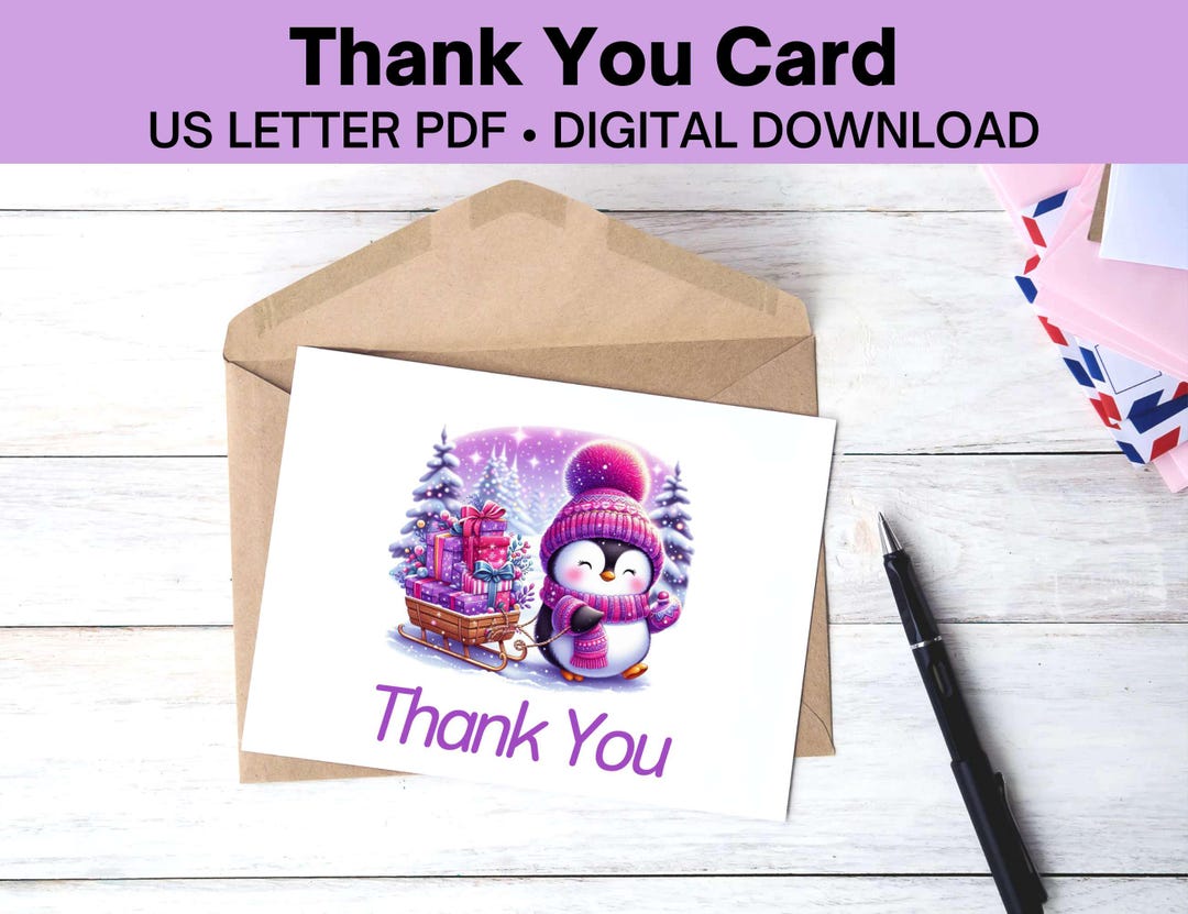 Printable Penguin Thank You Card, PDF Christmas Notecard, Christmas ...