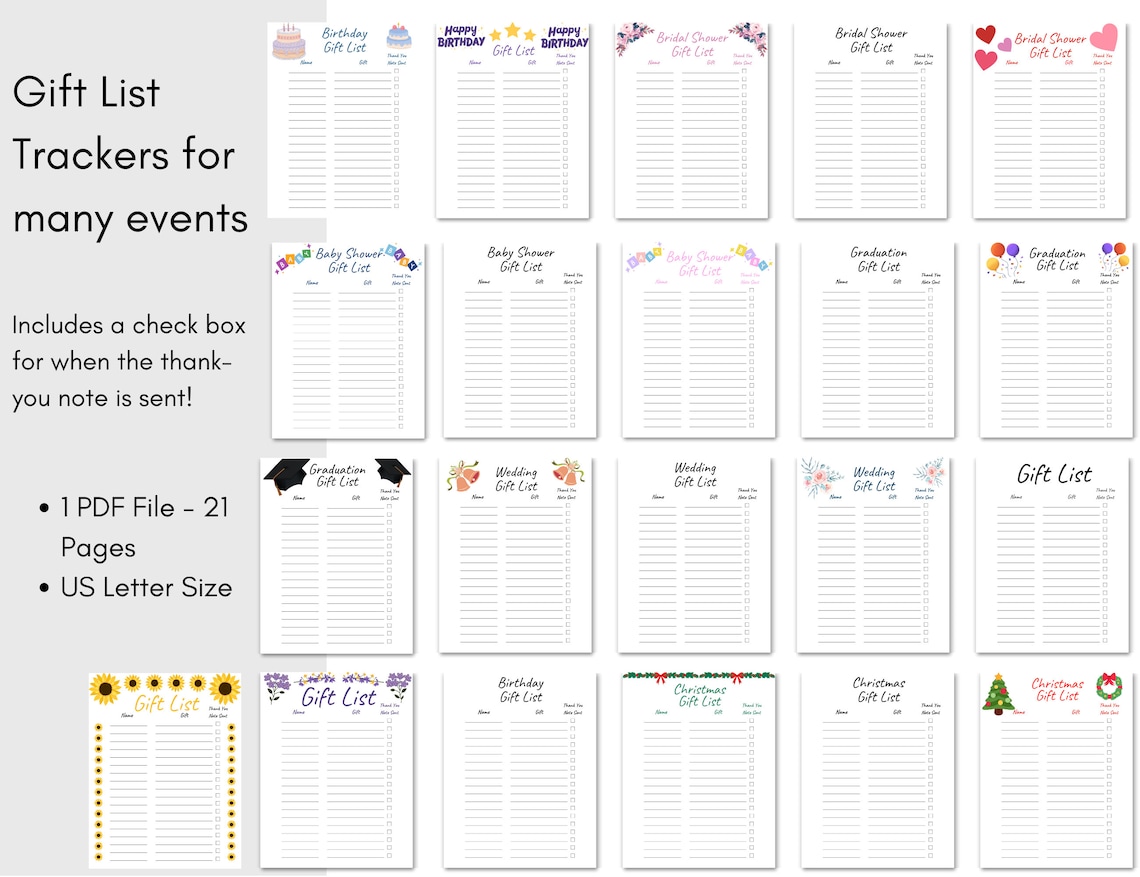 Gift List Printable With Thank You Note Tracker Big Bundle - Etsy