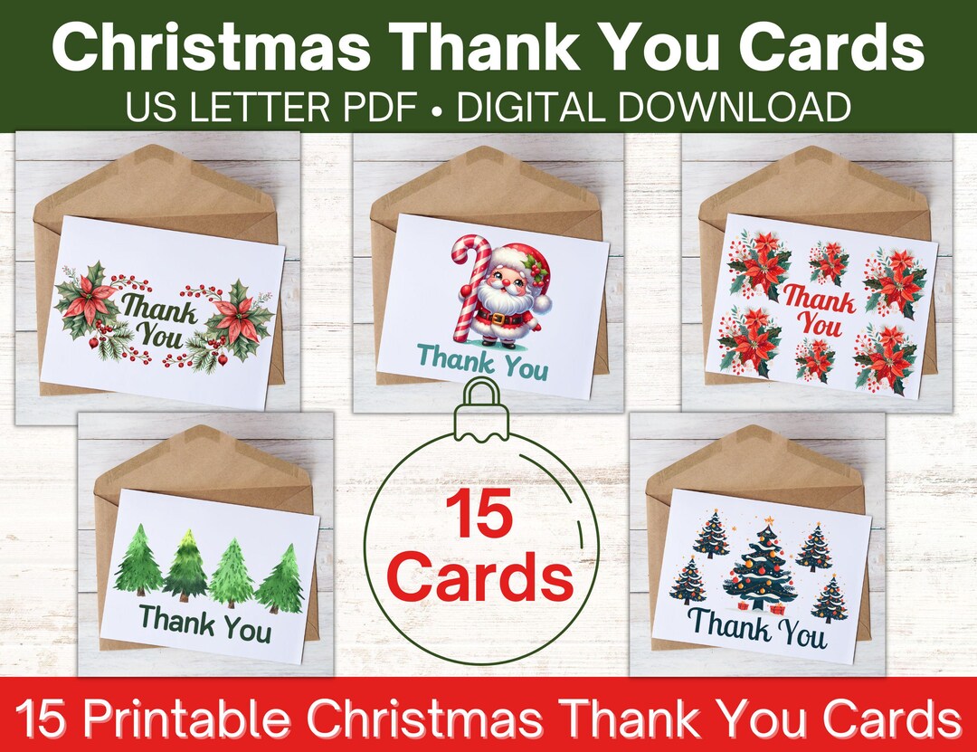 Printable Christmas Thank You Card Set, PDF Christmas Notecard Bundle ...