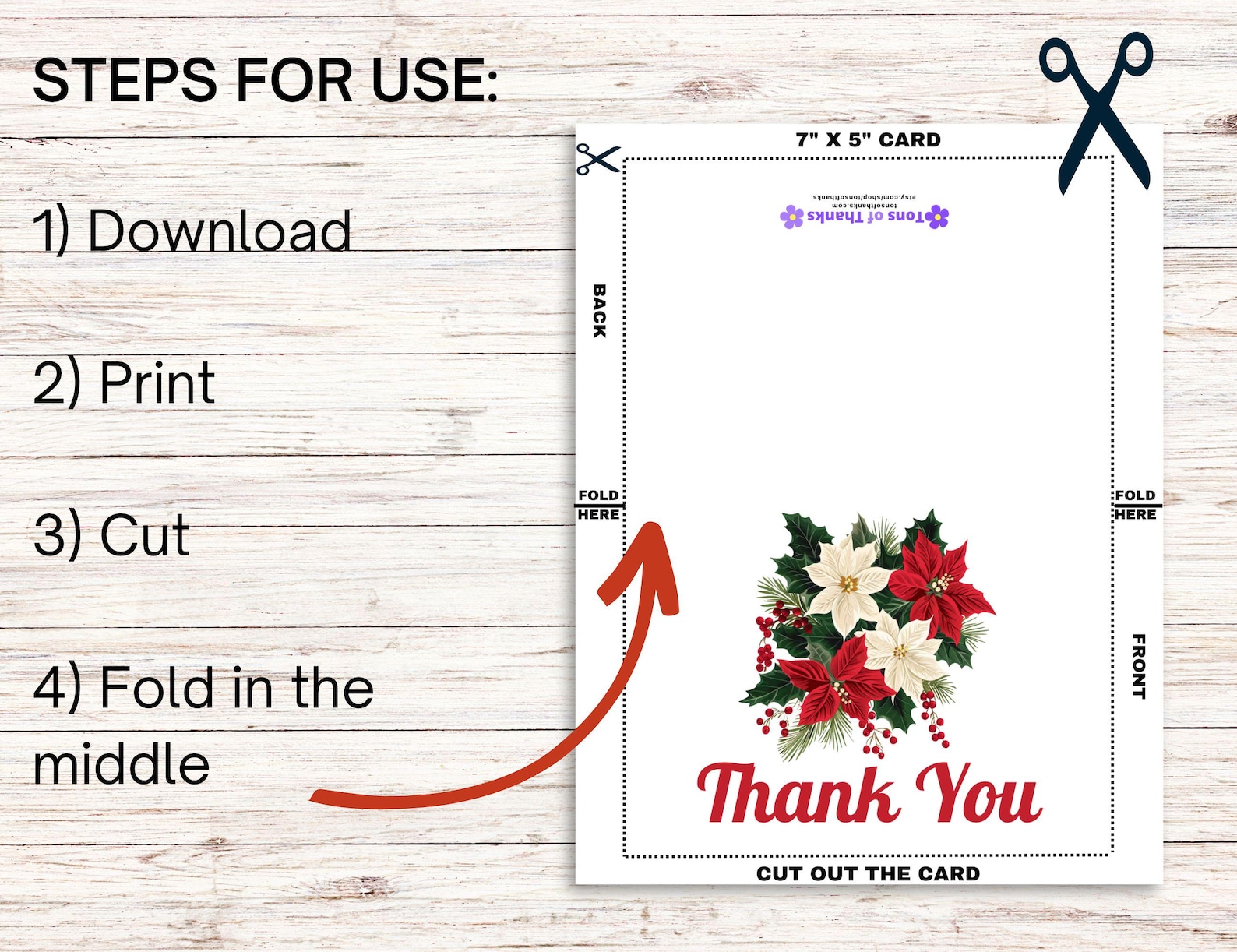 Printable Christmas Thank You Card With a Poinsettia, PDF Christmas ...