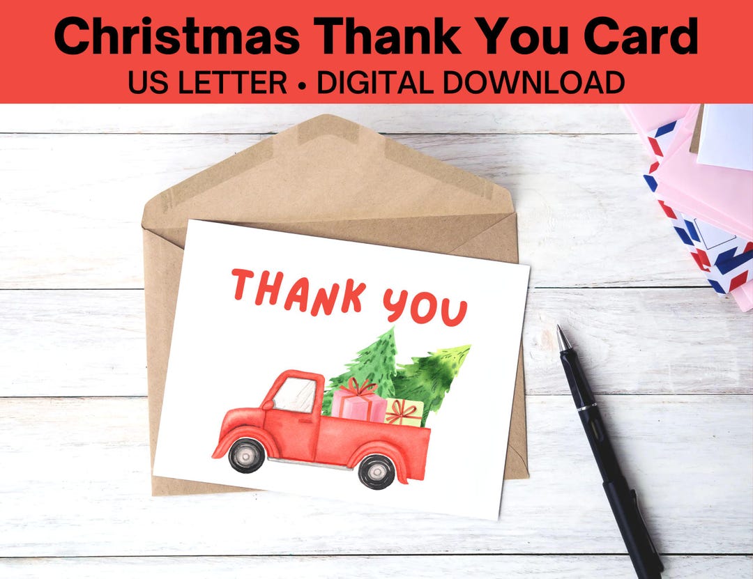 Printable Christmas Thank You Card Red Truck, PDF Christmas Notecard ...