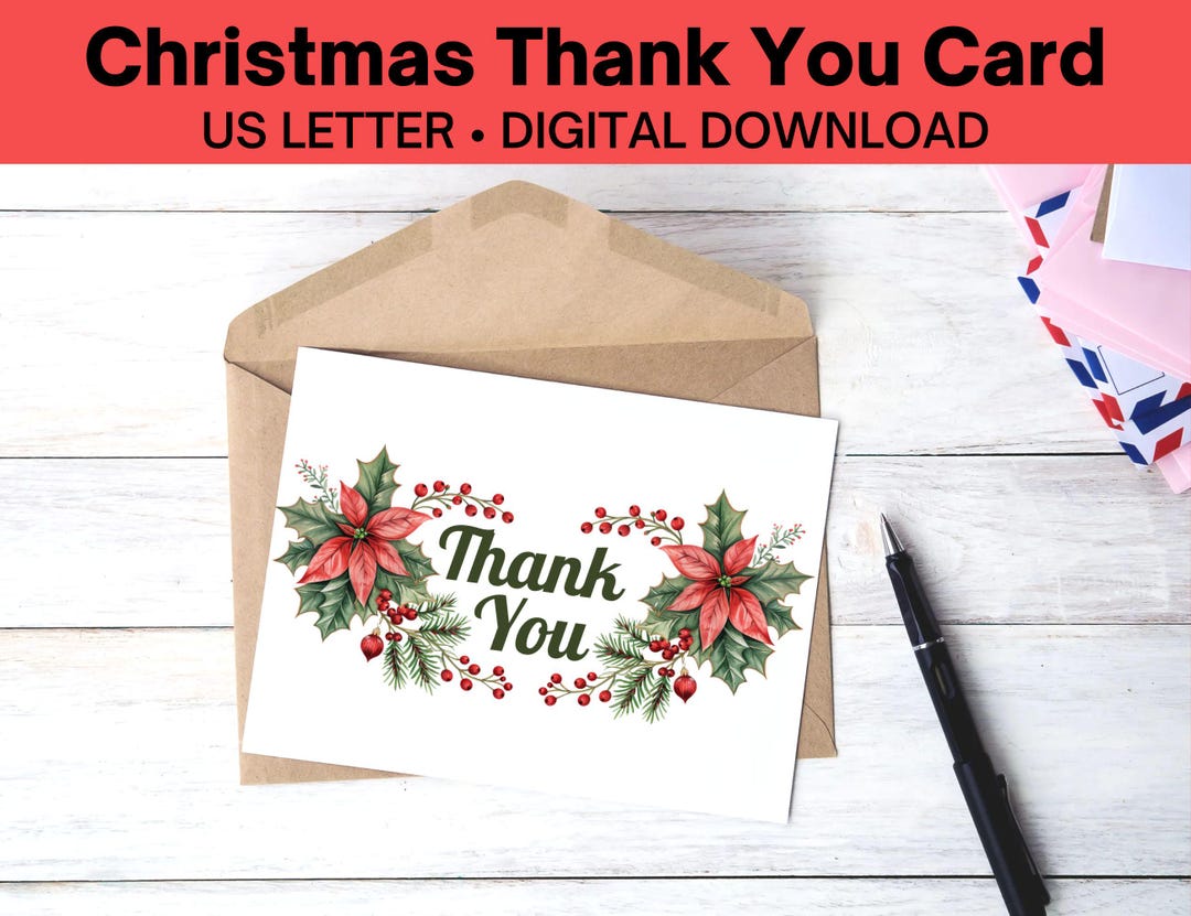 Printable Christmas Thank You Card With Poinsettias, PDF Christmas ...
