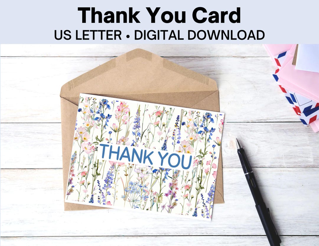 Wildflowers Thank You Card Printable PDF, Pretty Printable Flower Thank ...