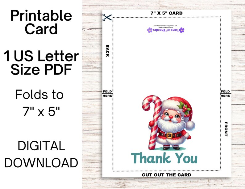 Printable Christmas Thank You Card Santa and a Candy Cane, PDF ...