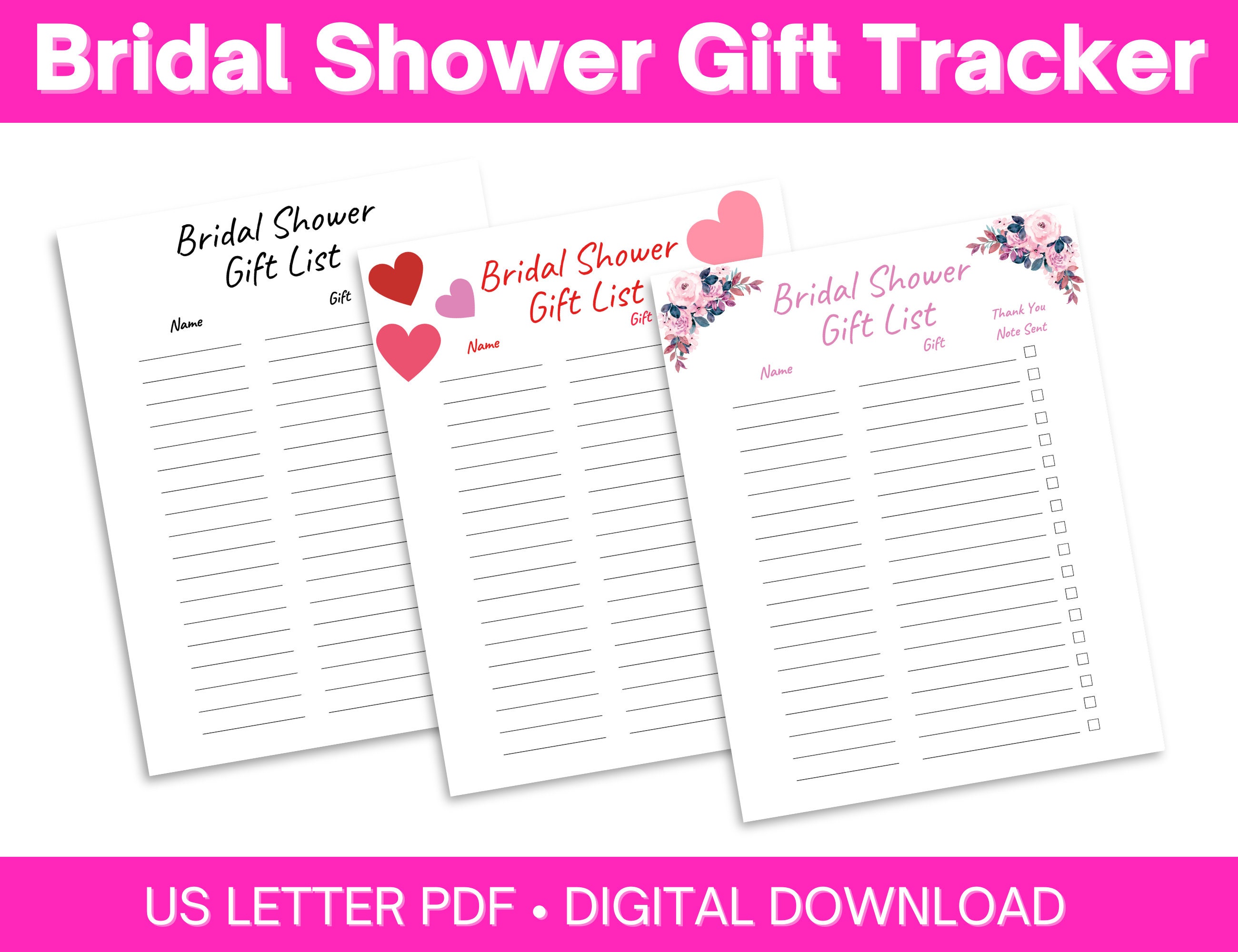 Bridal Shower Gift List Printable With Thank You Note Tracker - Etsy