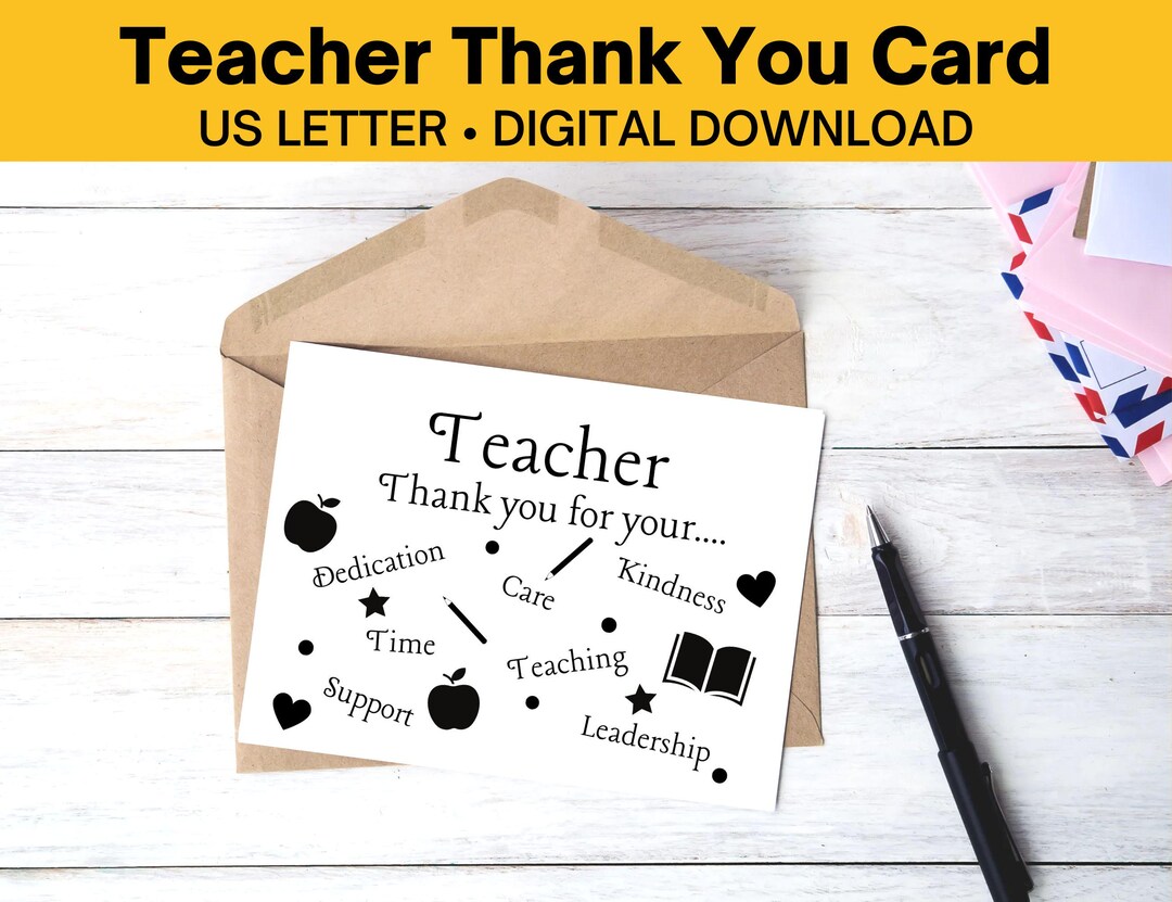 Printable Teacher Appreciation Card, Teacher Thank You Card, Teacher ...