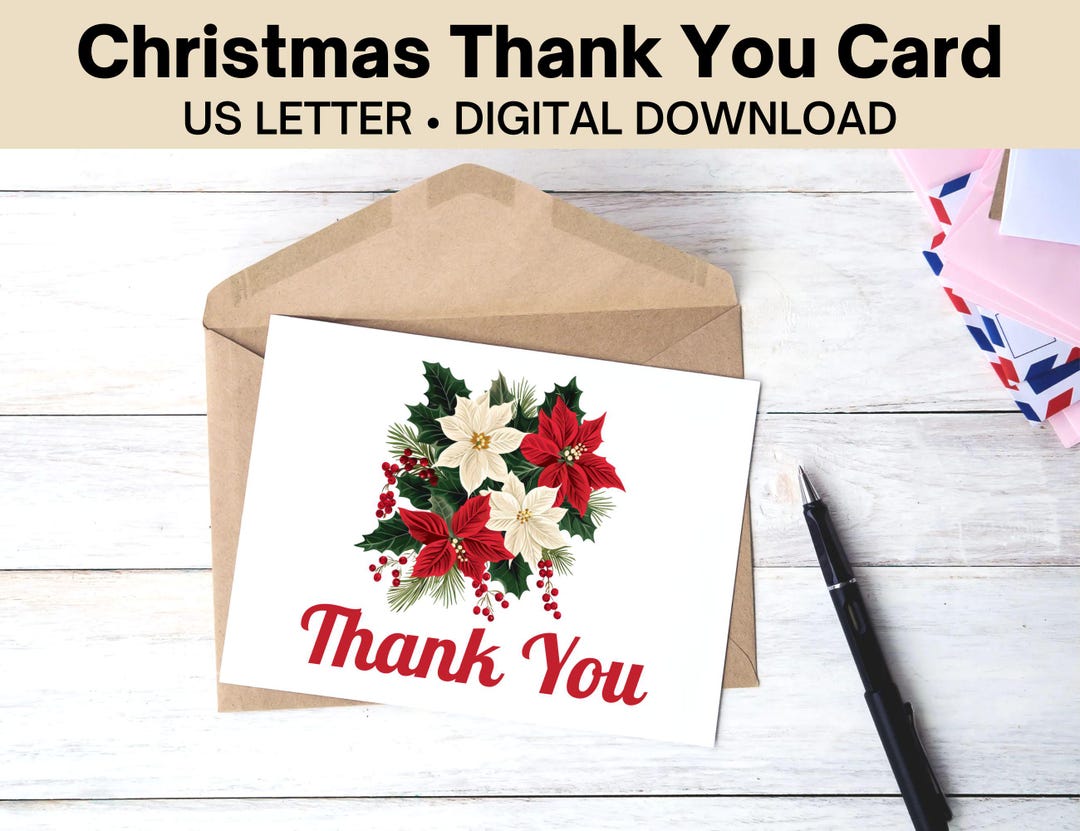 Printable Christmas Thank You Card With a Poinsettia, PDF Christmas ...