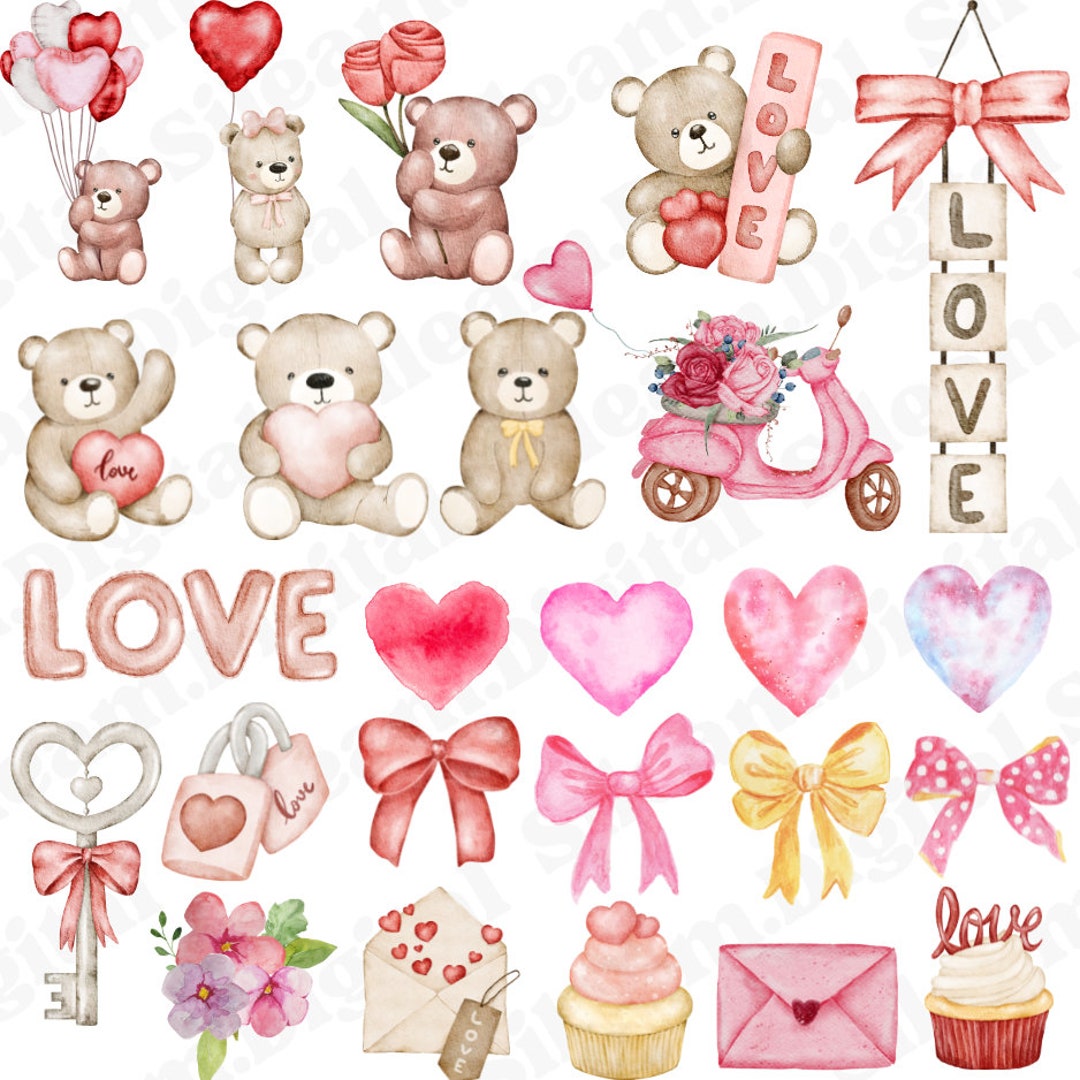 Watercolor Teddy Bear Combo Clip Art PNG Files. Digital Files for ...