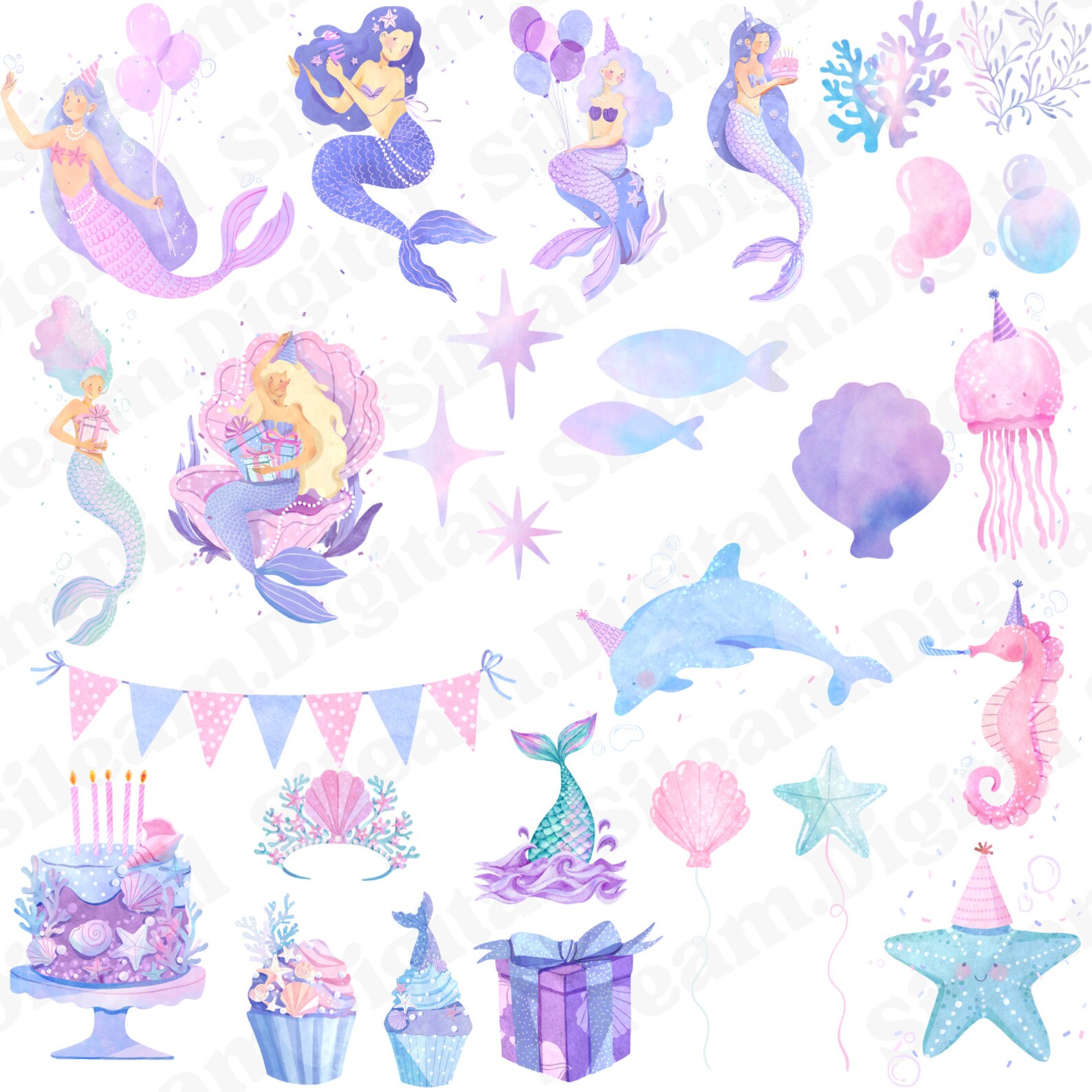 Watercolor Mermaid Combo Clip Art PNG Files. Digital Files for Cricut ...