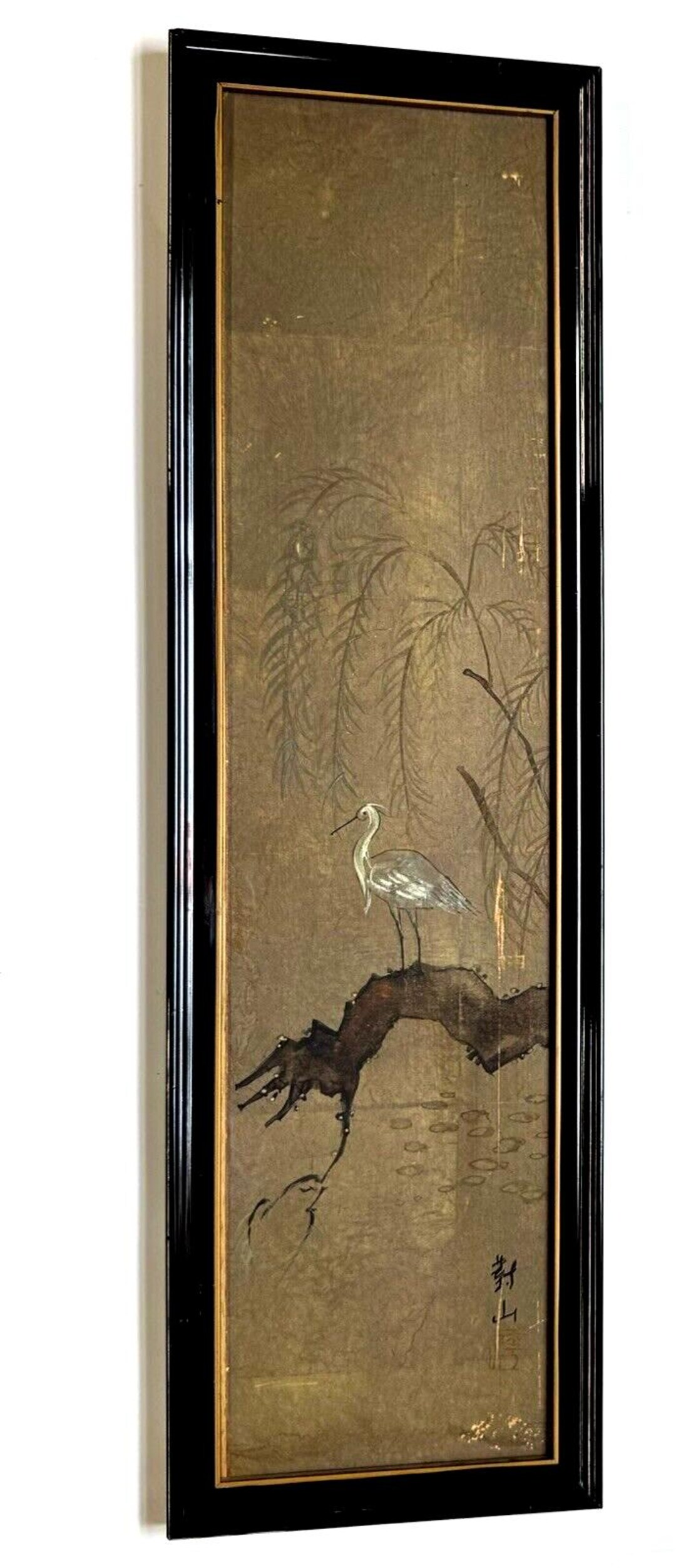 Vintage Kyoto Japan Hand Made Painted Panel of White Egret on Branch ...
