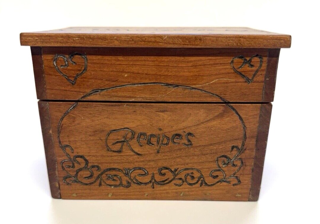 Antique Handmade Wood Recipe Box With Hand Drawn-engraved Designs Brass ...