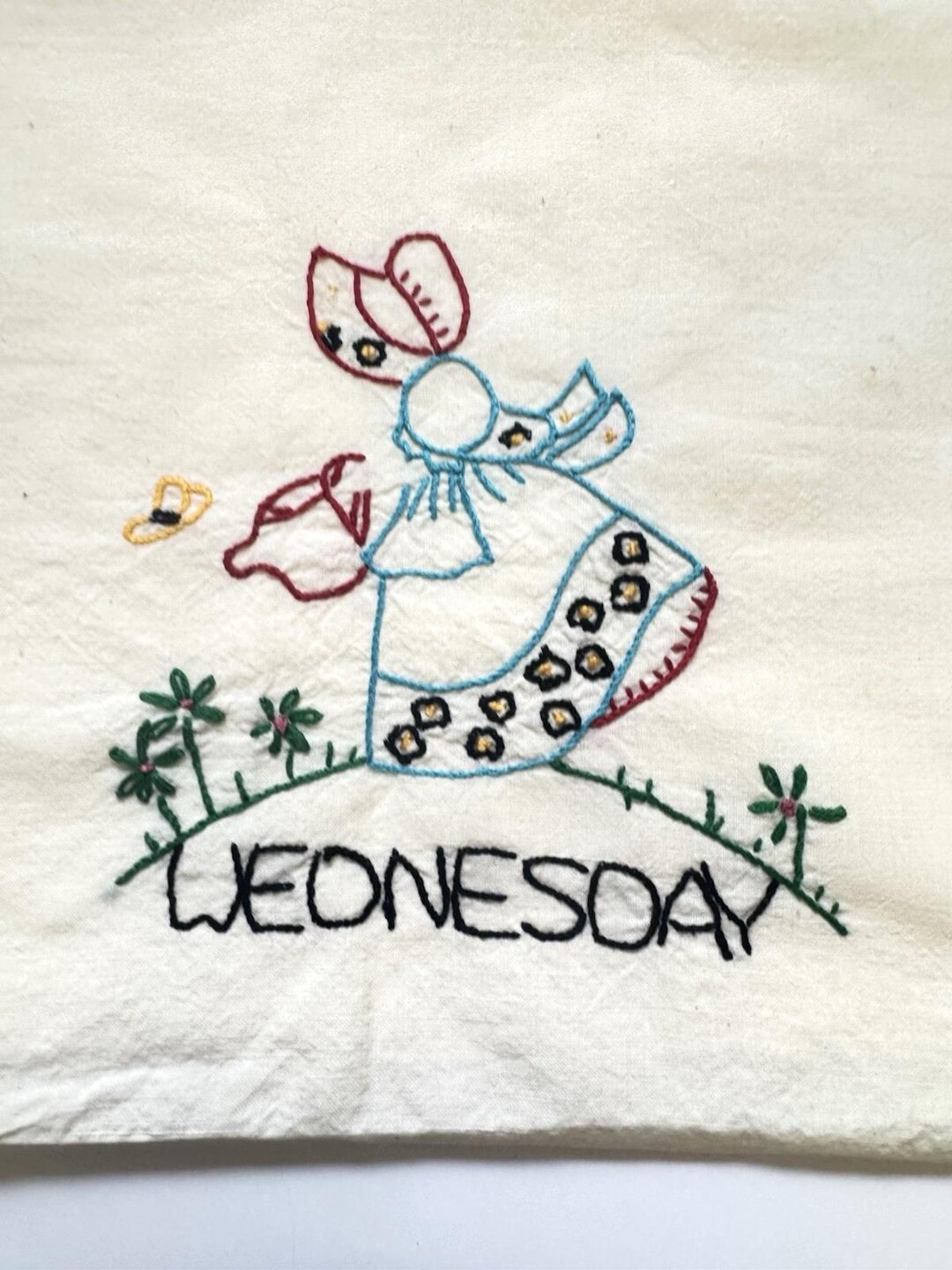 Vintage Hand Embroidered T-towel With Garden Girl Day of the Week ...