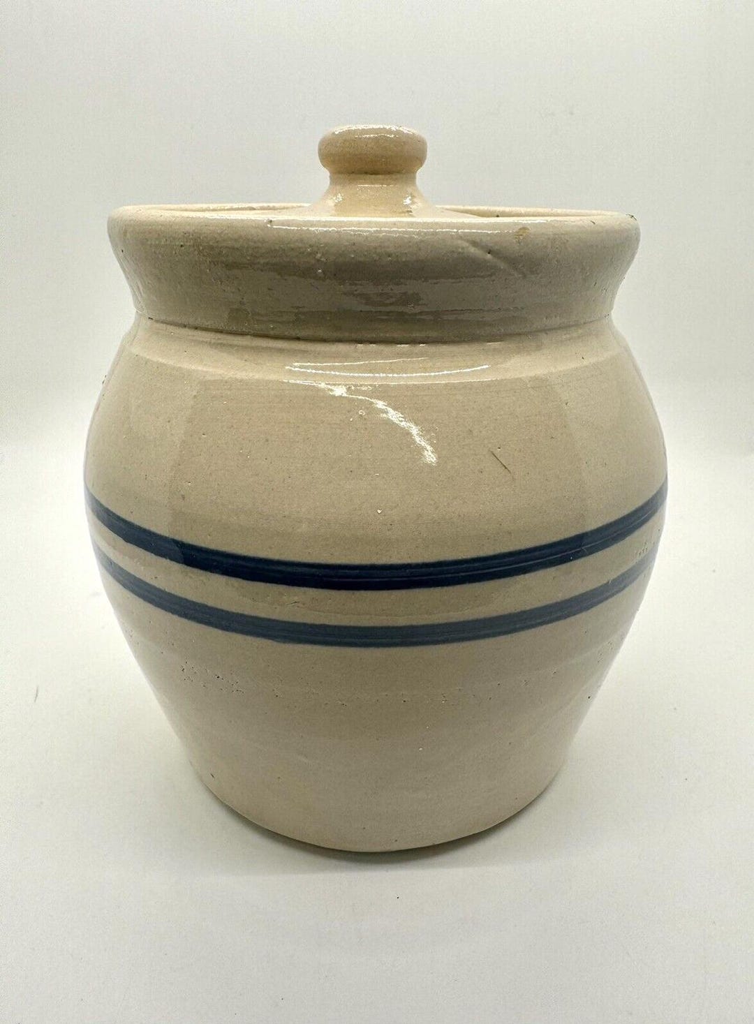 Ceramic Stoneware Crock With Lid and 2 Ring Blue Stripes 6 Tall French ...