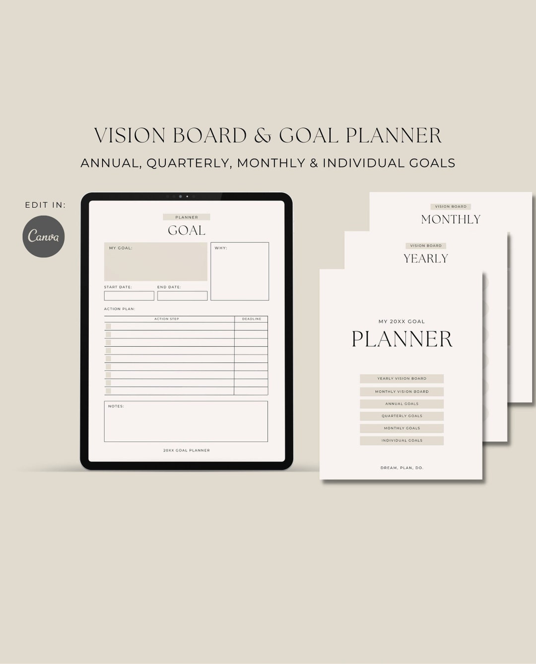 Goal Planner and Vision Board, Editable Vision Board Printable, 2023 ...