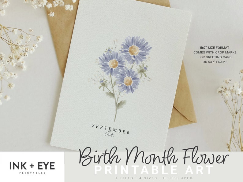 September Birth Month Flower Printable, Watercolor Aster, Digital ...