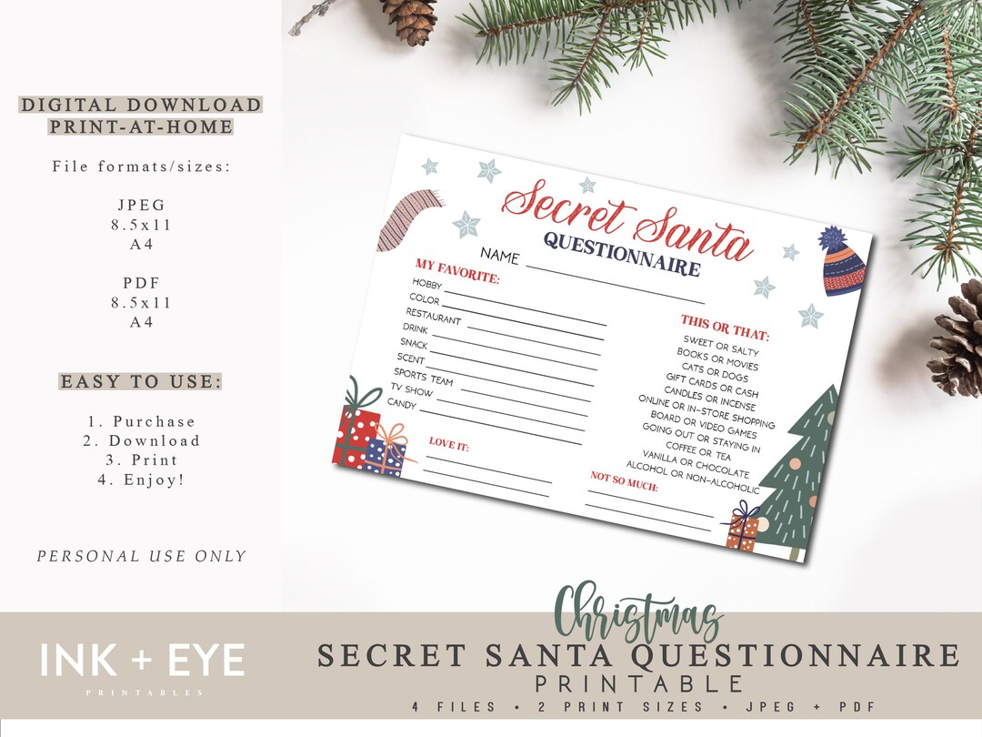 Secret Santa Questionnaire Printable, Christmas Gift Exchange Printable ...