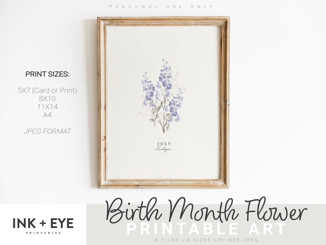 July Birth Month Flower Printable, Watercolor Larkspur, Digital ...