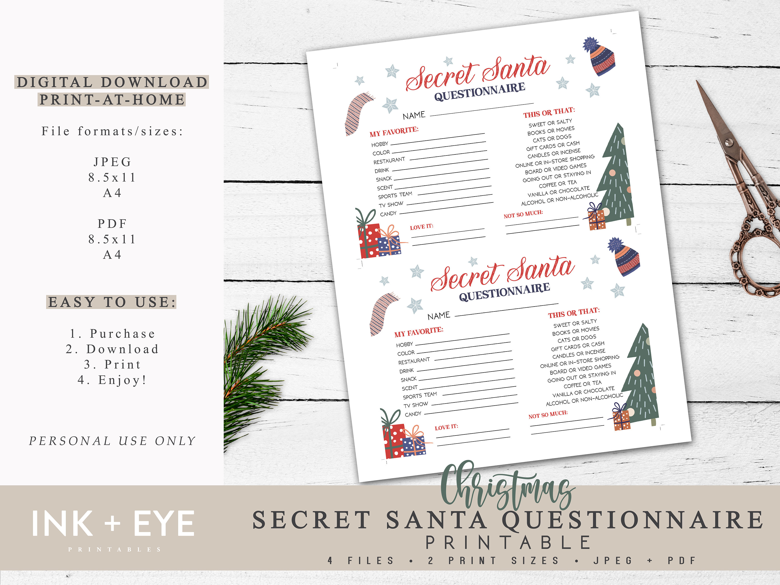 Secret Santa Questionnaire Printable, Christmas Gift Exchange Printable ...