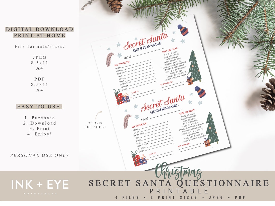 Secret Santa Questionnaire Printable, Christmas Gift Exchange Printable ...